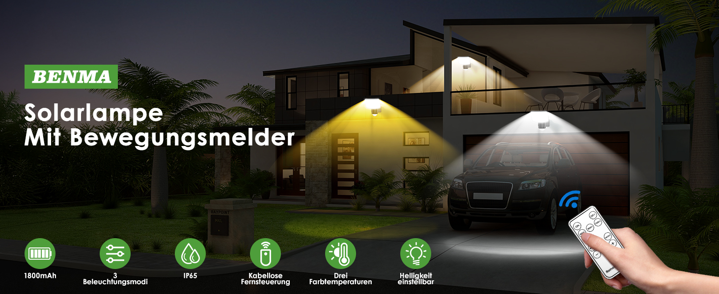 BENMA Outdoor LED Solarlampe mit Bewegungsmelder inkl. Fernbedienung