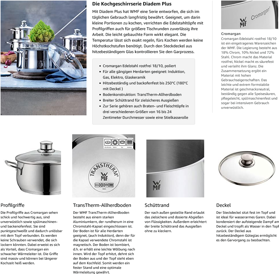 WMF Diadem Plus 6-teiliges Kochtopf Set mit Glasdeckel Cromargan ...